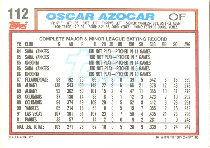 Barajita Oscar Azócar Topps 1992 # 112