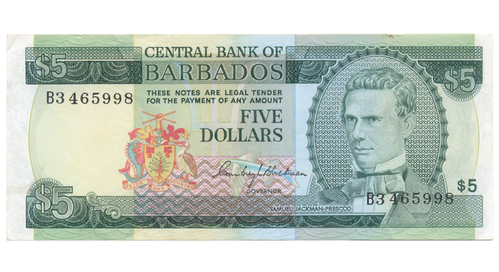 Billete Barbados 5 Dólares 1973 Samuel Jackman Prescod