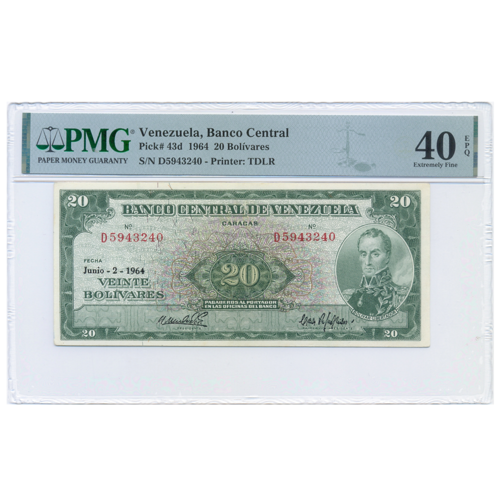 Billete 20 Bolívares 1964 D7 Serial D5943240 PMG EF40