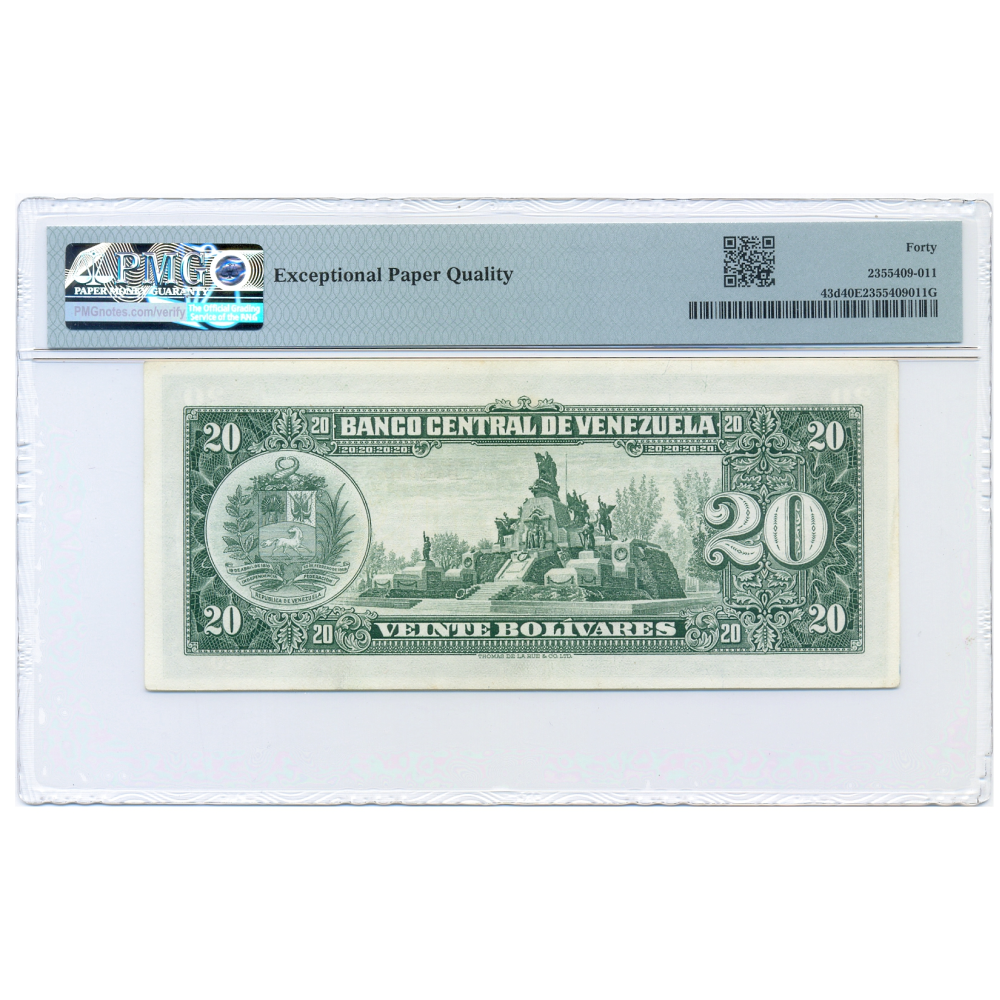 Billete 20 Bolívares 1964 D7 Serial D5943240 PMG EF40