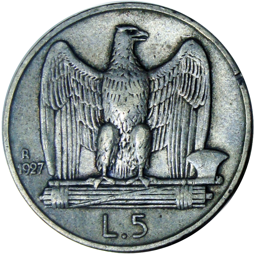 Moneda de Plata Italia 5 Liras 1927 R Rey Victor Manuele III
