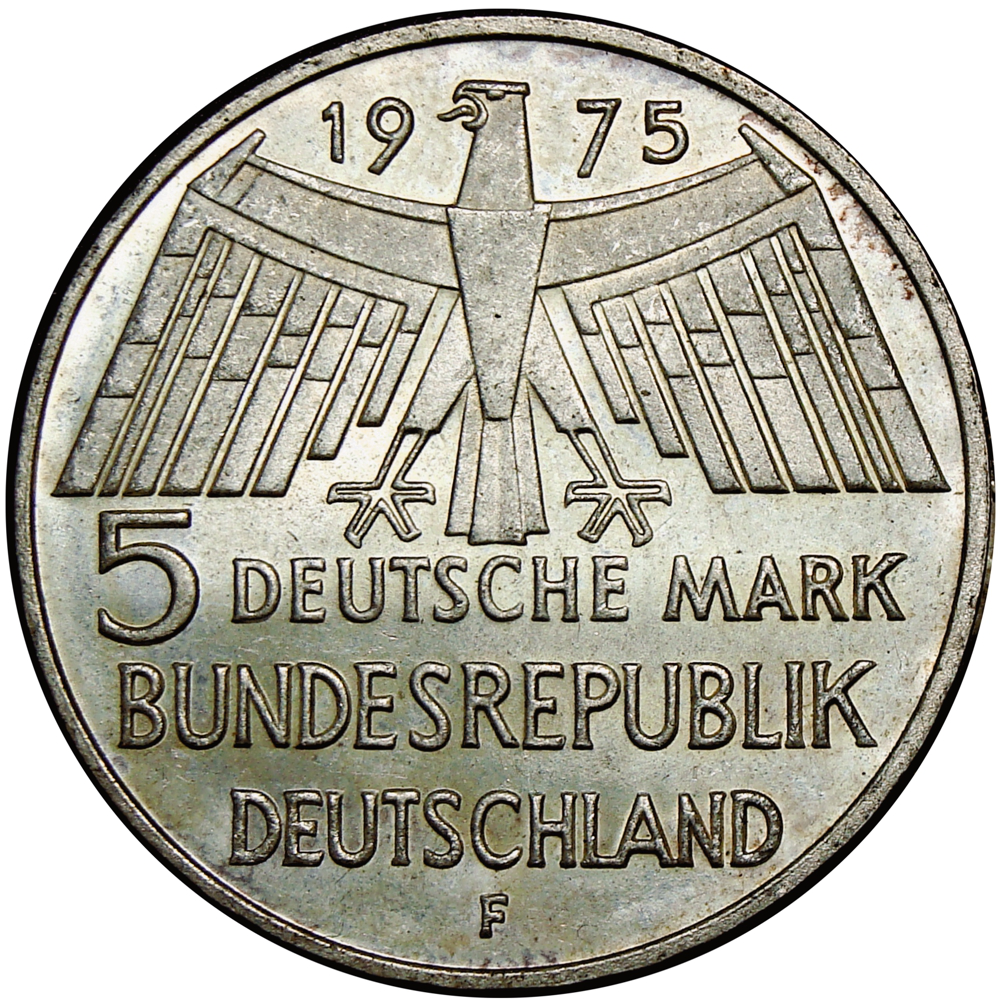 Moneda de Plata Alemania 5 Marcos 1975 Año Protección de l...