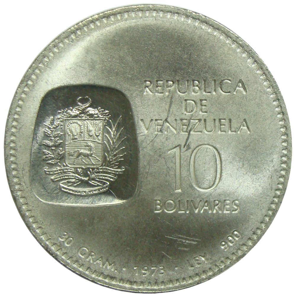 Doblon de Plata Moneda 10 Bs 1973 Canto Al Derecho