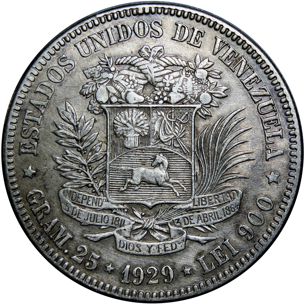 Fuerte Moneda de Plata 5 Bolívares 1929